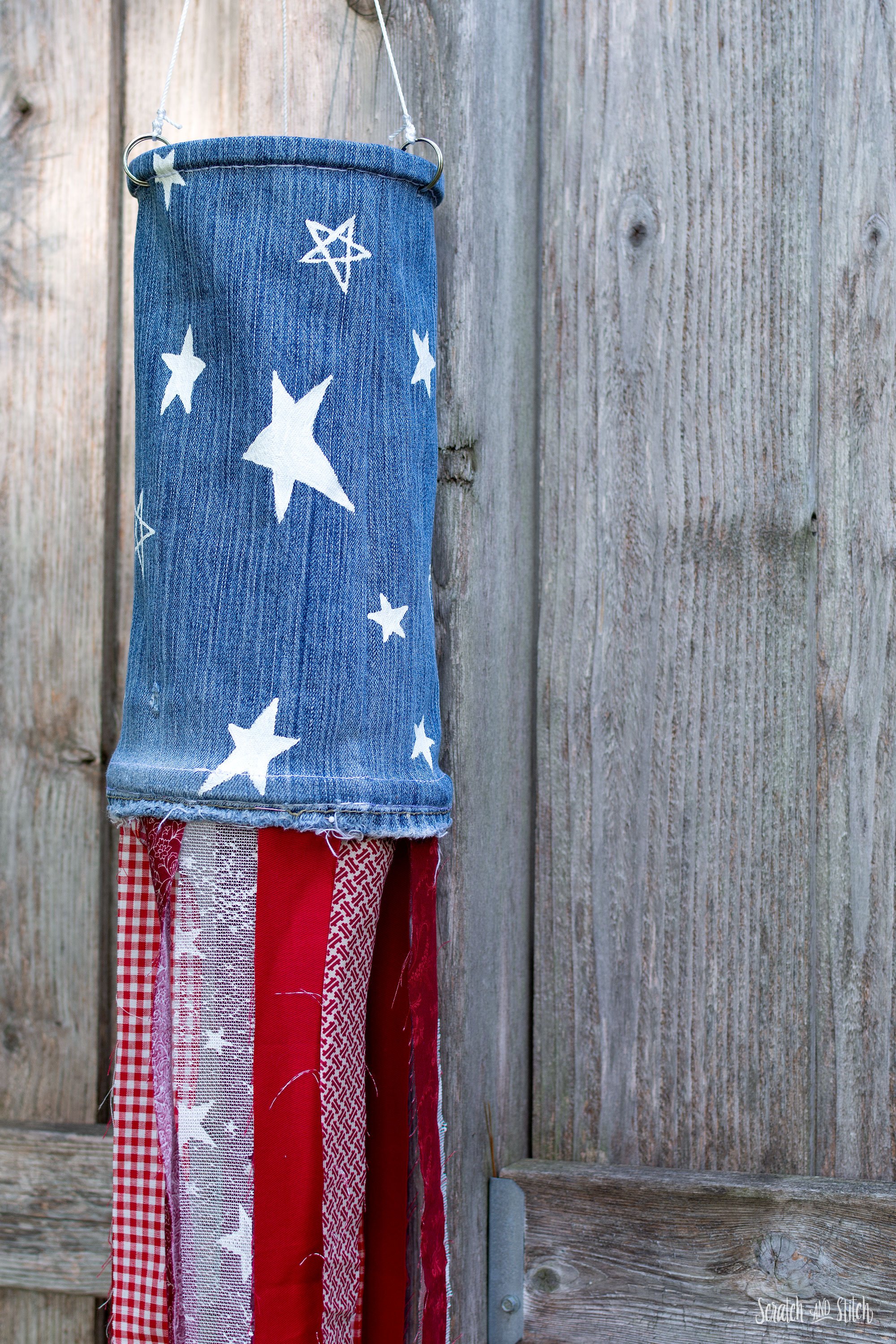 American Flag Windsock made with Denim and Scrap Fabric